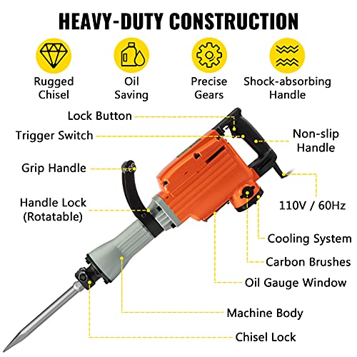 VEVOR Demolition Jack Hammer 3600W Concrete Breaker 1400 BPM Heavy Duty Electric 4pcs Chisels Bit w/Gloves & 360°Swiveling Front Handle for Trenching, Chipping, Breaking Holes