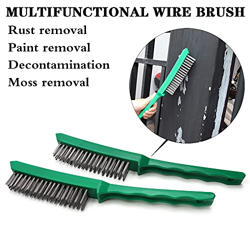 Wire Brush Set,2 Pieces Stainless Steel Wire Scratch Brushes for Cleaning Rust,Paint,Welding Slag,Corrosion Removal,with 14" Long Plastic Handle,Green,Large