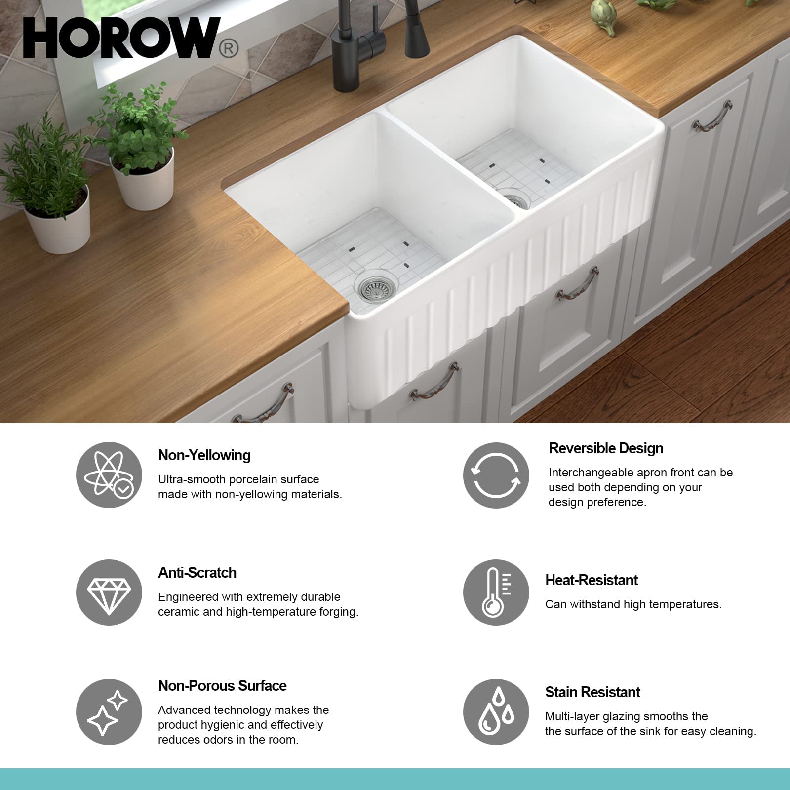 Double Bowl Kitchen Sinks, HOROW 33 inch White Kitchen Sink 50/50 Apron Front Ceramic Fireclay Farmhouse Sink, 33"W x 18"D x 10"H