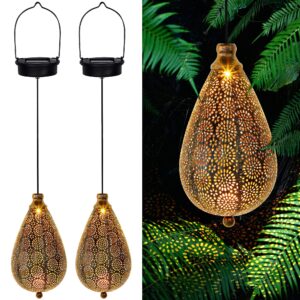 maggift 2 pack solar hanging lights, solar powered decorative retro lantern with handle, warm white led christmas garden boho flower lights, metal drop shape waterproof outdoor yard tree fence patio