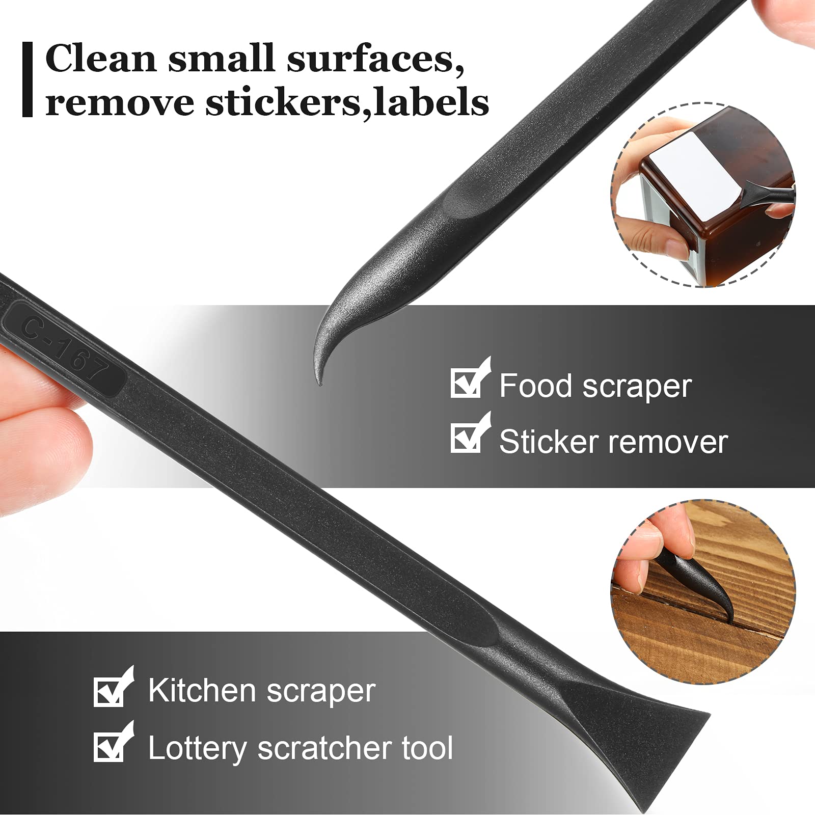 4 Pieces Non-Scratch Plastic Scraper Tool Carbon Scraper Small and Narrow Fiber Plastic Scraper Label Scraper Gum Scraper Multi-Purpose Easy for Tight Spaces, Crevices, Most Surfaces, Black