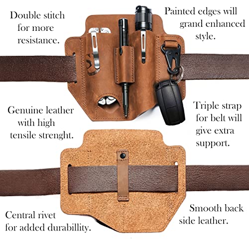 SELEWORK TH21 Multitool Belt Sheath, EDC Leather Belt Organizer, Double Stitch,Triple Strap, Belt Holder for Tactical Flashlight, Pen and Keychain Clip with Pouch, Leatherman Tool Holster Gift for Men