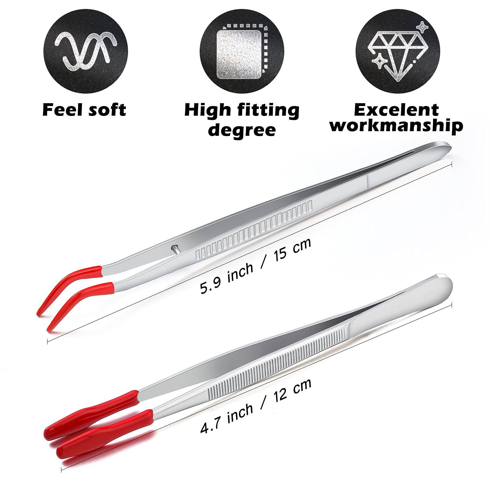 2 Pieces Tweezers Bent Tip Tweezers with Rubber Tips PVC Coated and 2 Pieces Tweezers Rubber Coated PVC Soft Non Marring Flat Tips Lab Hobby Jewelry Craft Stainless Steel Tweezer Tool (Red)