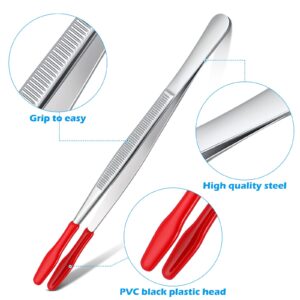 2 Pieces Tweezers Bent Tip Tweezers with Rubber Tips PVC Coated and 2 Pieces Tweezers Rubber Coated PVC Soft Non Marring Flat Tips Lab Hobby Jewelry Craft Stainless Steel Tweezer Tool (Red)