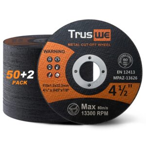 truswe cut off wheels 52 pack,4 1/2 inch,0.45 usd/pack,metal and stainless steel cutting wheel for angle grinder,ultra thin cut-off wheel cutting disc (52 pcs 4-1/2 x .045 x 7/8 inch cut off wheels)