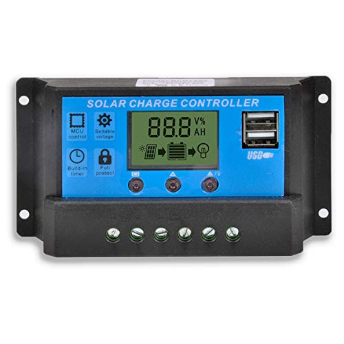 20A Solar Charge Controller, Solar Panel Charge Controller Intelligent Regulator with Dual USB Port 12V/24V,PWM Auto Paremeter Adjustable LCD Display Blue