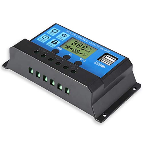 20A Solar Charge Controller, Solar Panel Charge Controller Intelligent Regulator with Dual USB Port 12V/24V,PWM Auto Paremeter Adjustable LCD Display Blue