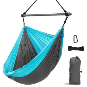 hammock chair, portable large hanging rope swing - lightweight nylon parachute -max 500 lbs - detachable metal support bar hammock chair swing for outdoor, indoor, camping, beach (grey & sky blue)