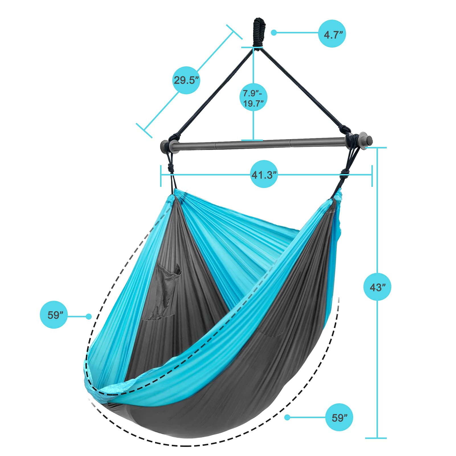 Hammock Chair, Portable Large Hanging Rope Swing - Lightweight Nylon Parachute -Max 500 Lbs - Detachable Metal Support Bar Hammock Chair Swing for Outdoor, Indoor, Camping, Beach (Grey & Sky Blue)