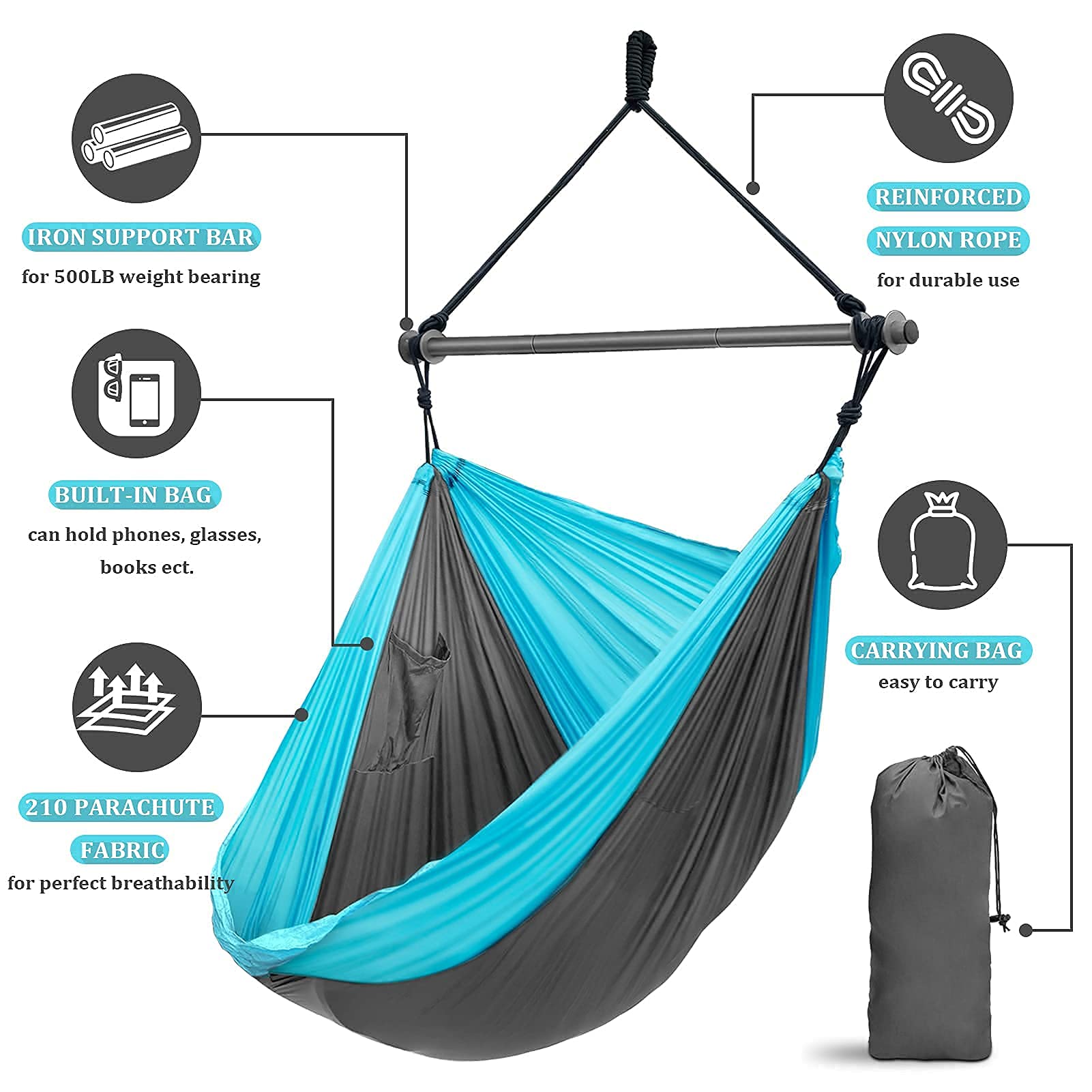 Hammock Chair, Portable Large Hanging Rope Swing - Lightweight Nylon Parachute -Max 500 Lbs - Detachable Metal Support Bar Hammock Chair Swing for Outdoor, Indoor, Camping, Beach (Grey & Sky Blue)