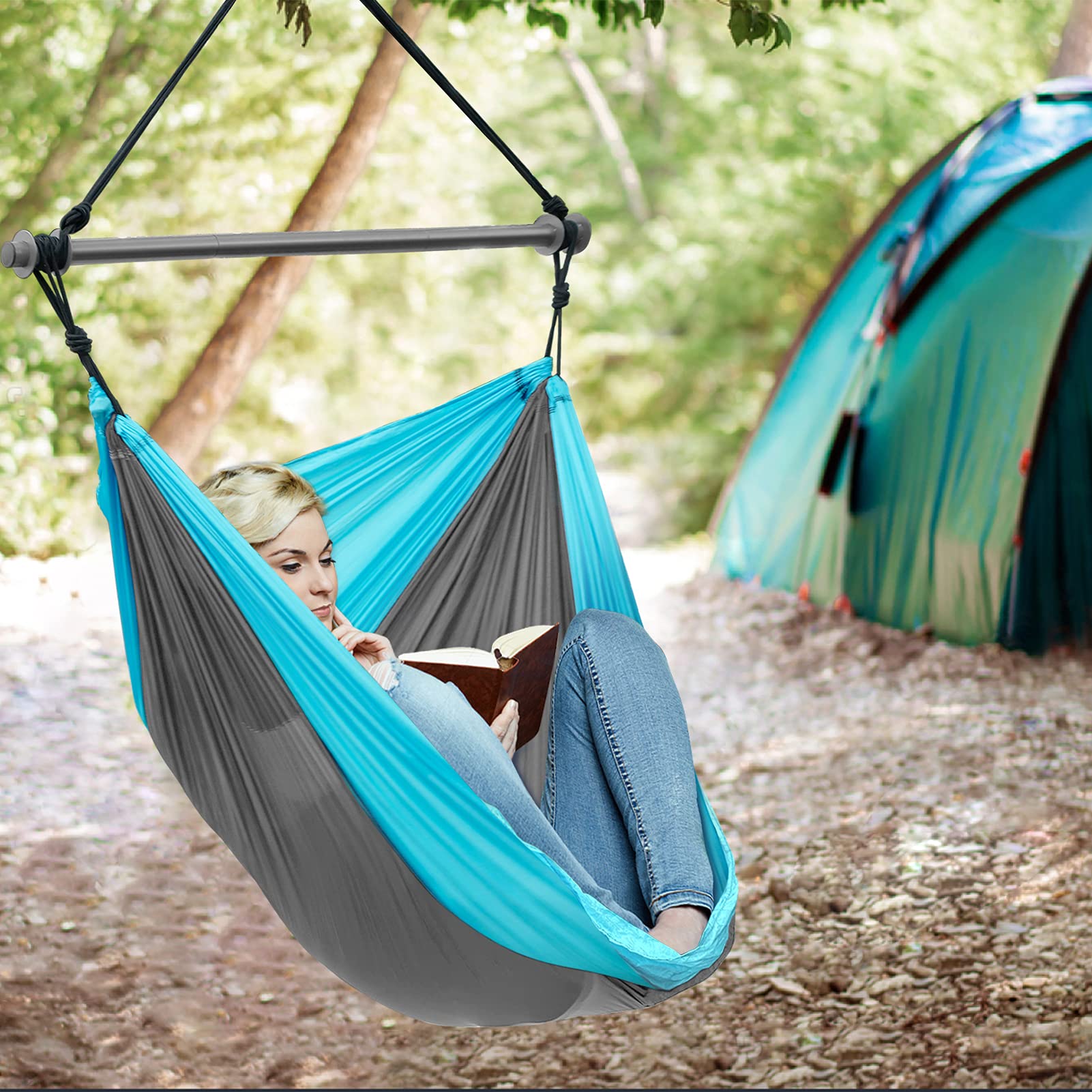 Hammock Chair, Portable Large Hanging Rope Swing - Lightweight Nylon Parachute -Max 500 Lbs - Detachable Metal Support Bar Hammock Chair Swing for Outdoor, Indoor, Camping, Beach (Grey & Sky Blue)