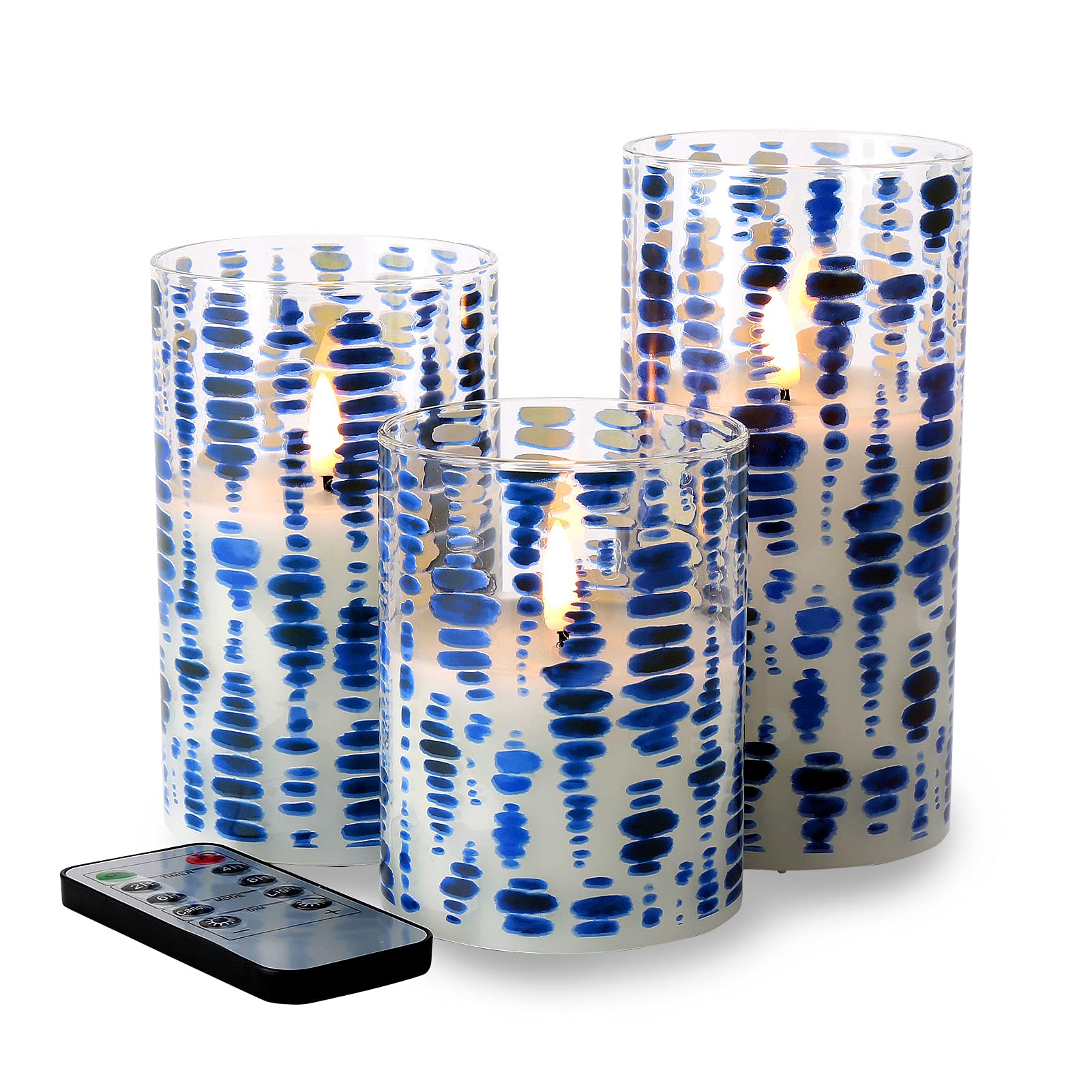 Eywamage Flameless Candles in Blue Glass Jar, Flickering LED Pillar Candles with Remote Set of 3