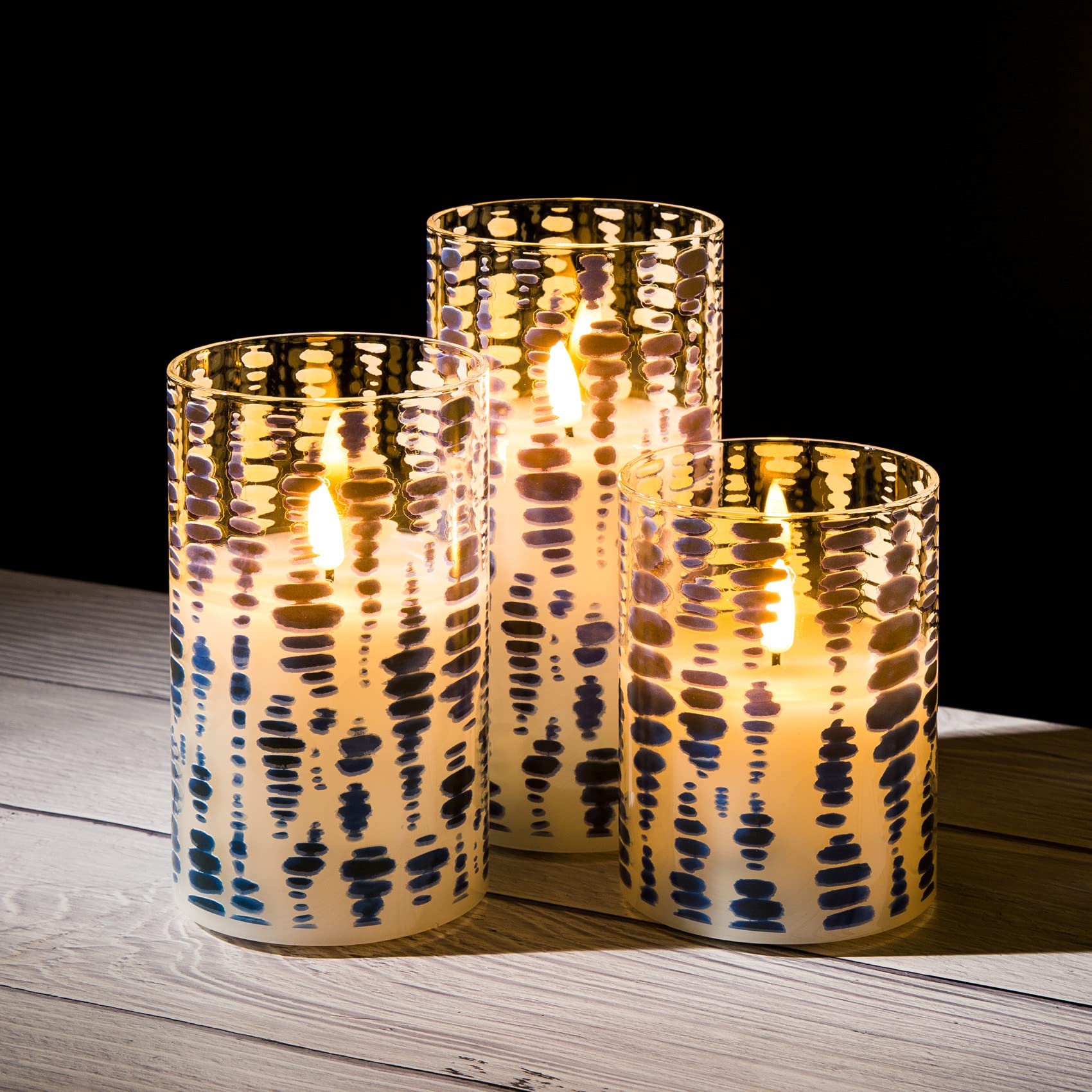 Eywamage Flameless Candles in Blue Glass Jar, Flickering LED Pillar Candles with Remote Set of 3