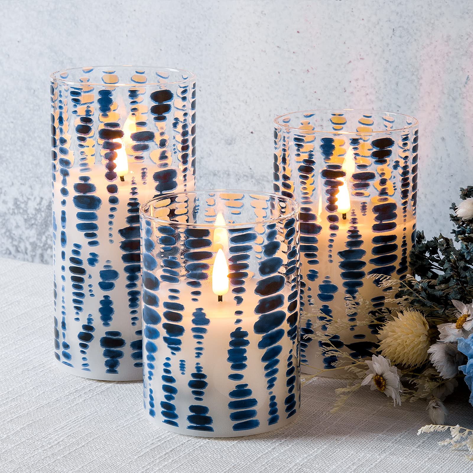 Eywamage Flameless Candles in Blue Glass Jar, Flickering LED Pillar Candles with Remote Set of 3