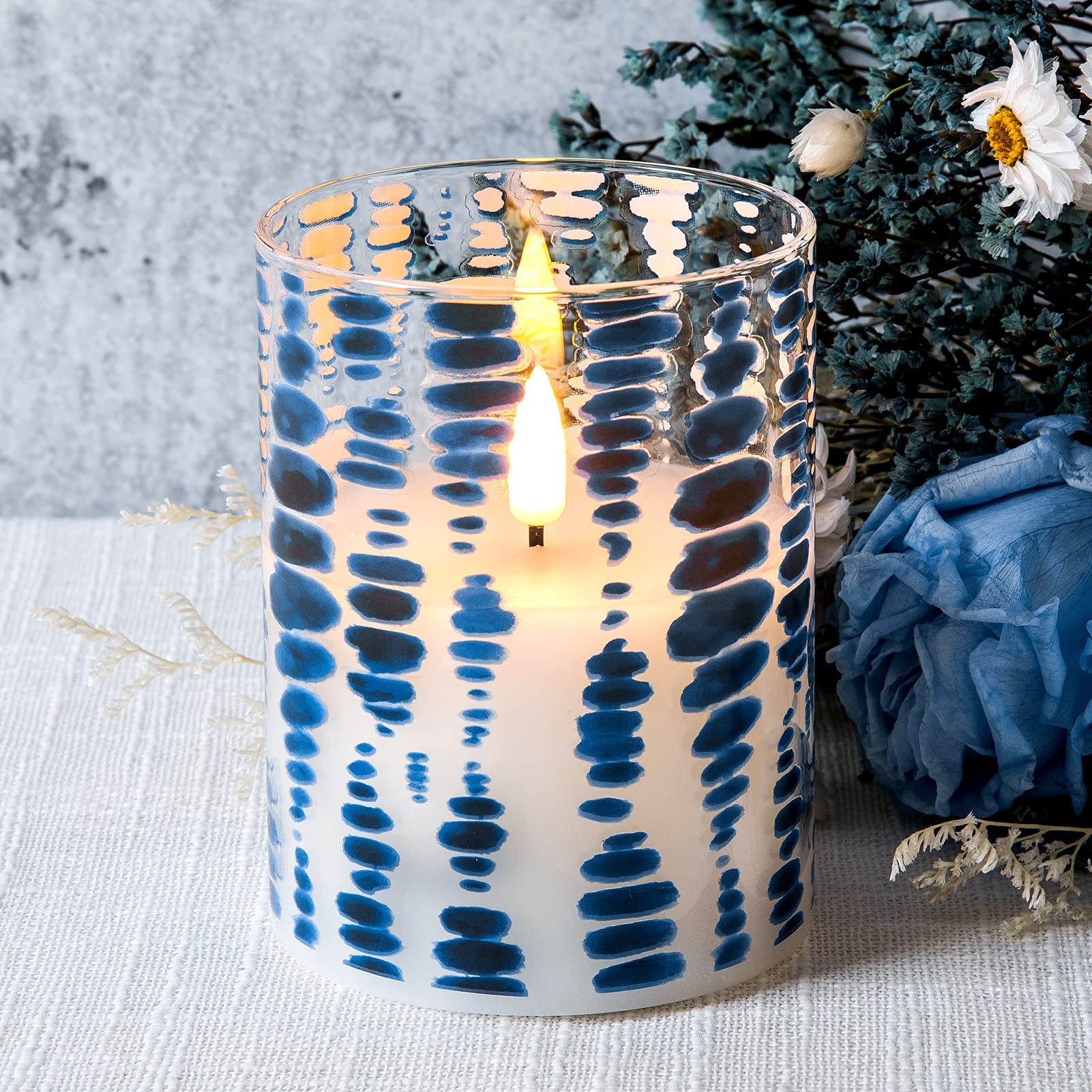 Eywamage Flameless Candles in Blue Glass Jar, Flickering LED Pillar Candles with Remote Set of 3