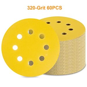 60 PCS 320 Grit Sandpaper Sanding Disc 5 Inch 8 Hole Hook and Loop Gold Sanding Discs for Random Orbital Sander