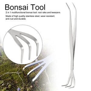 Bonsai Rake，9.8in 2-in-1 Stainless Steel Root Rake 3 Prong Root Rake Loosen Soil Bonsai Tools Ergonomic Handle Tweezers for Gardening Plants