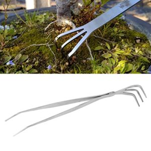 Bonsai Rake，9.8in 2-in-1 Stainless Steel Root Rake 3 Prong Root Rake Loosen Soil Bonsai Tools Ergonomic Handle Tweezers for Gardening Plants