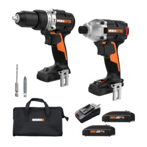 worx nitro 20v impact driver and drill driver with brushless motor, drill set with storage bag, compact drill and driver combo, power share compatible wx960l – batteries & charger included