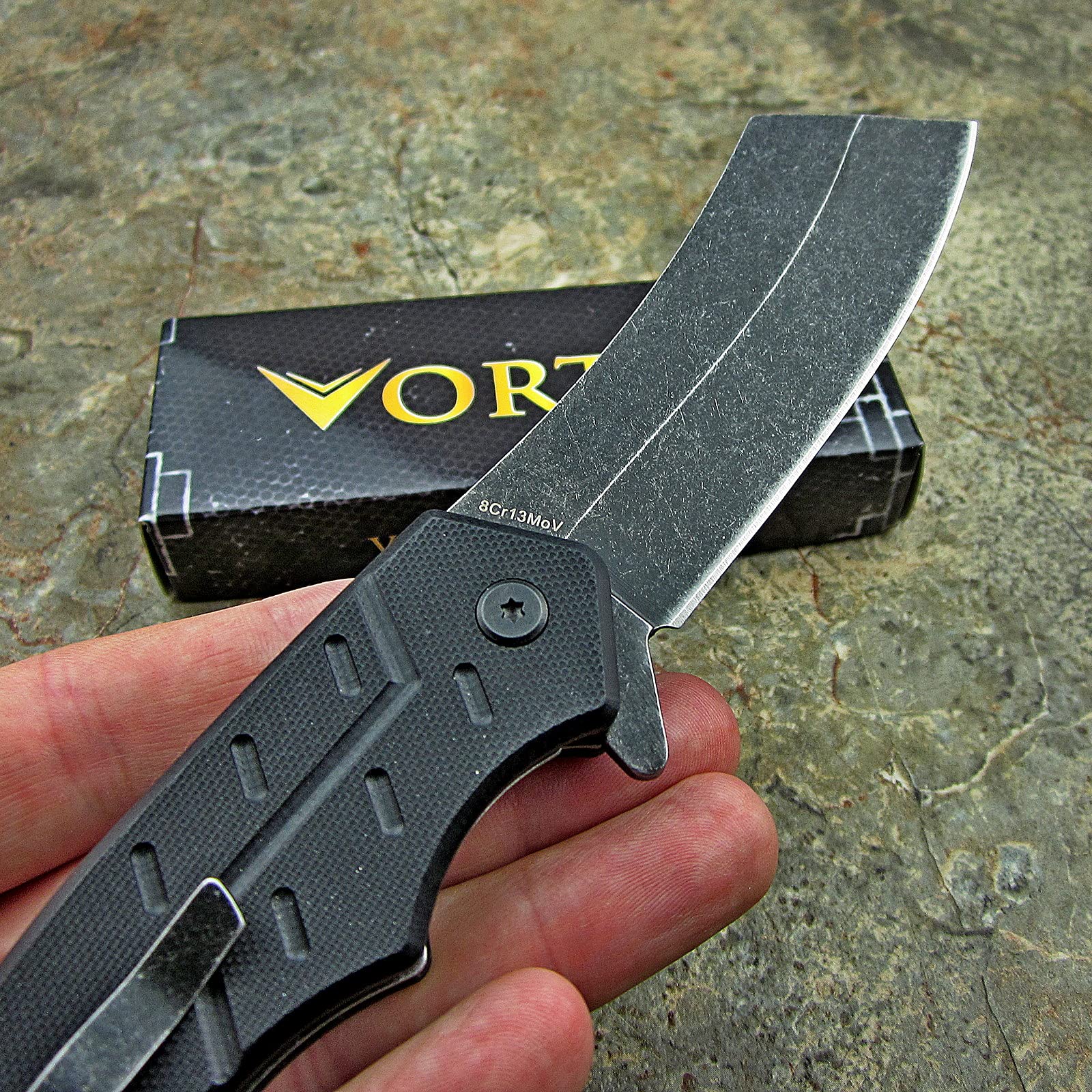 VORTEK Pocket Cleaver Knife: Ball Bearing Pivot, 8Cr13MoV Razor Sharp Cleaver Blade, Ultra Smooth Opening, Non-Slip G10 Handles, Heavy Duty Construction Built Tough