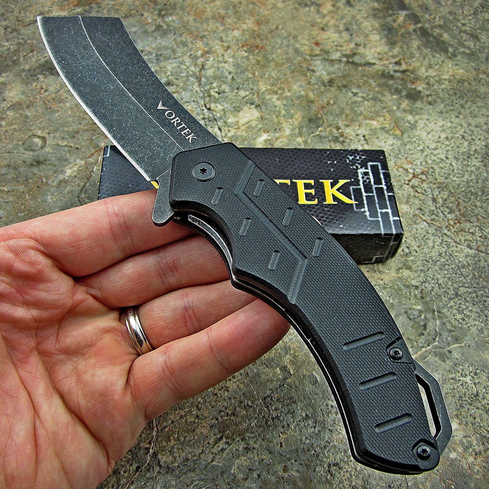 VORTEK Pocket Cleaver Knife: Ball Bearing Pivot, 8Cr13MoV Razor Sharp Cleaver Blade, Ultra Smooth Opening, Non-Slip G10 Handles, Heavy Duty Construction Built Tough