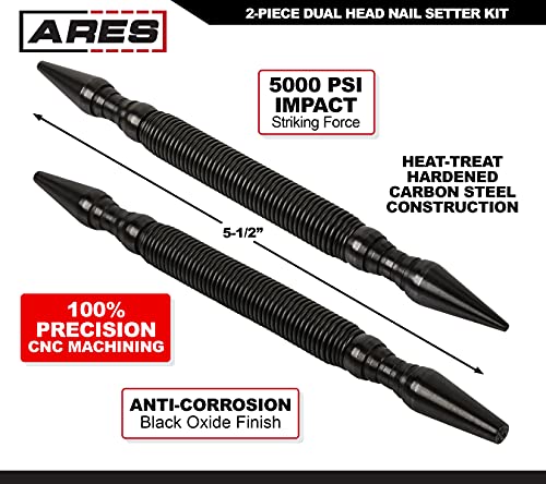 ARES 10013 – 2-Piece Dual Head Nail Setter Kit – Features 1/32-Inch (#1), 1/16-Inch (#2), 3/32-Inch (#3), and 1/8-Inch (#4) Dual Head Designs – CNC-Precision Machined – 5000 PSI Striking Force