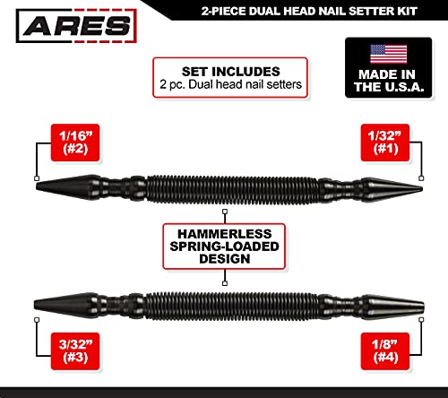 ARES 10013 – 2-Piece Dual Head Nail Setter Kit – Features 1/32-Inch (#1), 1/16-Inch (#2), 3/32-Inch (#3), and 1/8-Inch (#4) Dual Head Designs – CNC-Precision Machined – 5000 PSI Striking Force