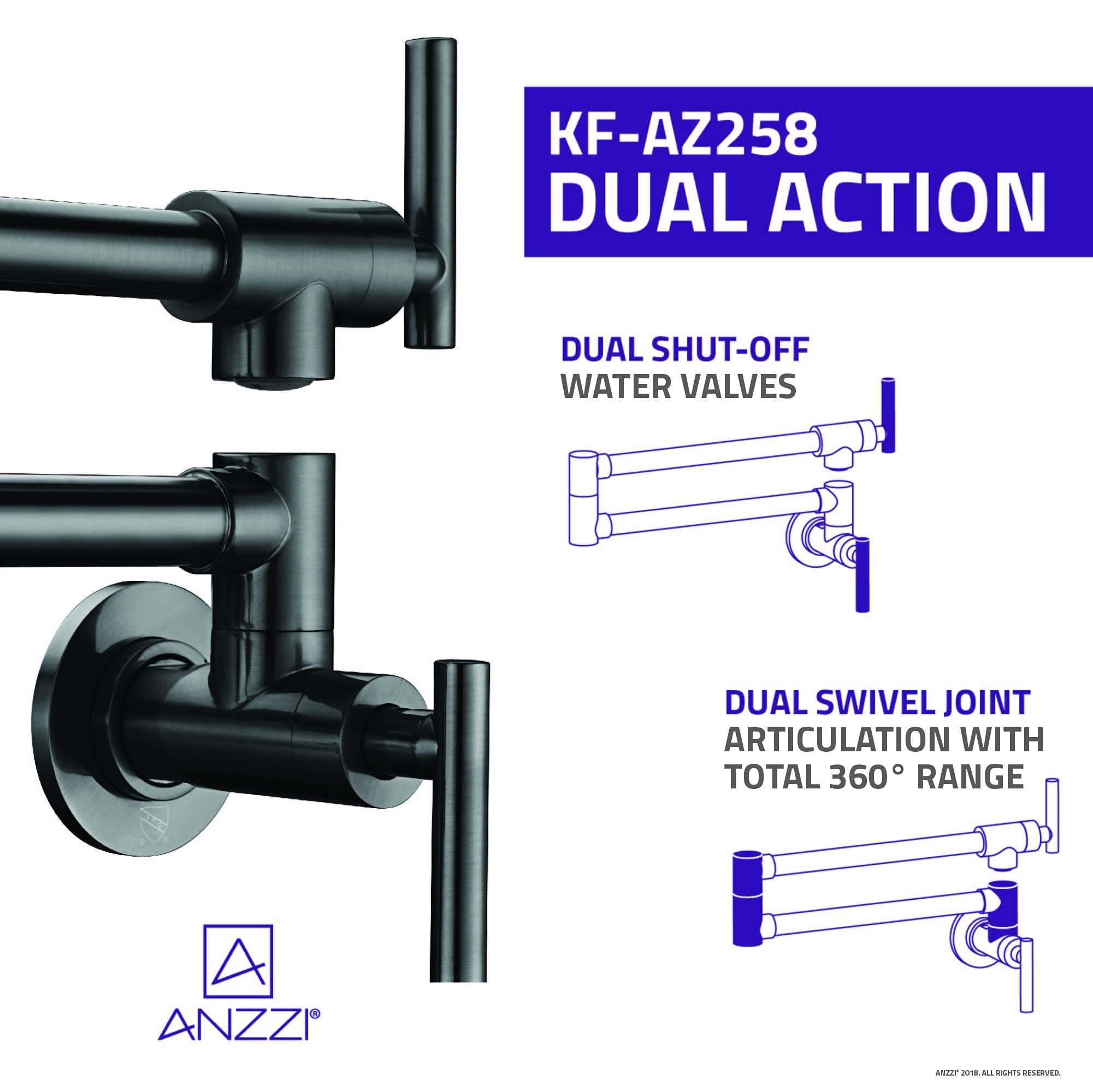 Braccia Series 24" Wall Mounted Pot Filler in Gunmetal Black | 24” Reach Spout Solid Brass Two Handle Dual Shut-Off Valve Double Joint Swing Arm Wall Mount Kitchen Folding Faucet | KF-AZ258GM