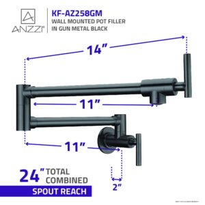 Braccia Series 24" Wall Mounted Pot Filler in Gunmetal Black | 24” Reach Spout Solid Brass Two Handle Dual Shut-Off Valve Double Joint Swing Arm Wall Mount Kitchen Folding Faucet | KF-AZ258GM