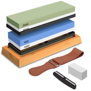 sharpening stone whetstone set 4 side grit 400/1000 3000/8000, premium whetstone knife sharpener, knife sharpening stone kit with bamboo base, angle guide, leather strop, flattening stone