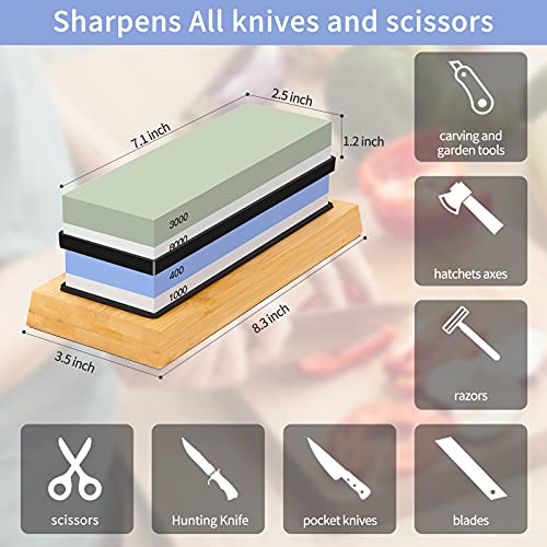 Sharpening Stone Whetstone Set 4 Side Grit 400/1000 3000/8000, Premium Whetstone Knife Sharpener, Knife Sharpening Stone Kit with Bamboo Base, Angle Guide, Leather Strop, Flattening Stone