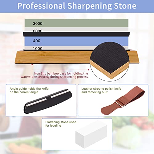 Sharpening Stone Whetstone Set 4 Side Grit 400/1000 3000/8000, Premium Whetstone Knife Sharpener, Knife Sharpening Stone Kit with Bamboo Base, Angle Guide, Leather Strop, Flattening Stone