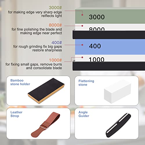 Sharpening Stone Whetstone Set 4 Side Grit 400/1000 3000/8000, Premium Whetstone Knife Sharpener, Knife Sharpening Stone Kit with Bamboo Base, Angle Guide, Leather Strop, Flattening Stone