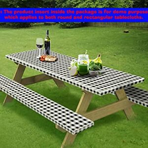 wagude Rectangle Vinyl Camping Picnic Table Cover + Benches 3-pc Set,30x72'' (6-FT) Flannel Backing Elastic Waterproof Wipeable Black/White Checkered Plastic Tablecloth for Indoor Outdoor Patio Park