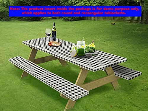 wagude Rectangle Vinyl Camping Picnic Table Cover + Benches 3-pc Set,30x72'' (6-FT) Flannel Backing Elastic Waterproof Wipeable Black/White Checkered Plastic Tablecloth for Indoor Outdoor Patio Park