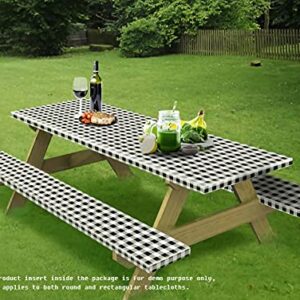 wagude Rectangle Vinyl Camping Picnic Table Cover + Benches 3-pc Set,30x72'' (6-FT) Flannel Backing Elastic Waterproof Wipeable Black/White Checkered Plastic Tablecloth for Indoor Outdoor Patio Park