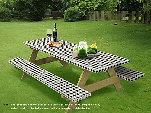 wagude Rectangle Vinyl Camping Picnic Table Cover + Benches 3-pc Set,30x72'' (6-FT) Flannel Backing Elastic Waterproof Wipeable Black/White Checkered Plastic Tablecloth for Indoor Outdoor Patio Park