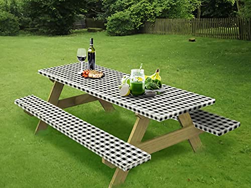 wagude Rectangle Vinyl Camping Picnic Table Cover + Benches 3-pc Set,30x72'' (6-FT) Flannel Backing Elastic Waterproof Wipeable Black/White Checkered Plastic Tablecloth for Indoor Outdoor Patio Park