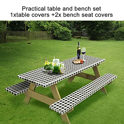 wagude Rectangle Vinyl Camping Picnic Table Cover + Benches 3-pc Set,30x72'' (6-FT) Flannel Backing Elastic Waterproof Wipeable Black/White Checkered Plastic Tablecloth for Indoor Outdoor Patio Park