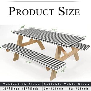 wagude Rectangle Vinyl Camping Picnic Table Cover + Benches 3-pc Set,30x72'' (6-FT) Flannel Backing Elastic Waterproof Wipeable Black/White Checkered Plastic Tablecloth for Indoor Outdoor Patio Park