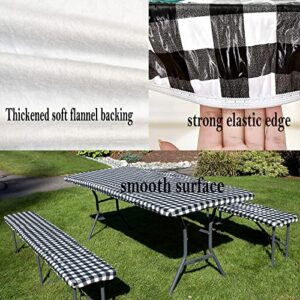 wagude Rectangle Vinyl Camping Picnic Table Cover + Benches 3-pc Set,30x72'' (6-FT) Flannel Backing Elastic Waterproof Wipeable Black/White Checkered Plastic Tablecloth for Indoor Outdoor Patio Park