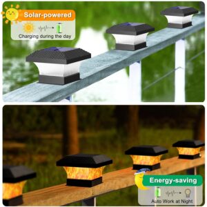 TomCare Solar Post Cap Lights Flickering Flame Solar Post Lights Outdoor Fence Lights Solar Powered Decorative Flame Solar Lights Waterproof Deck Lighting for Fence 4x4 6x6 Posts Patio Deck, 2 Pack