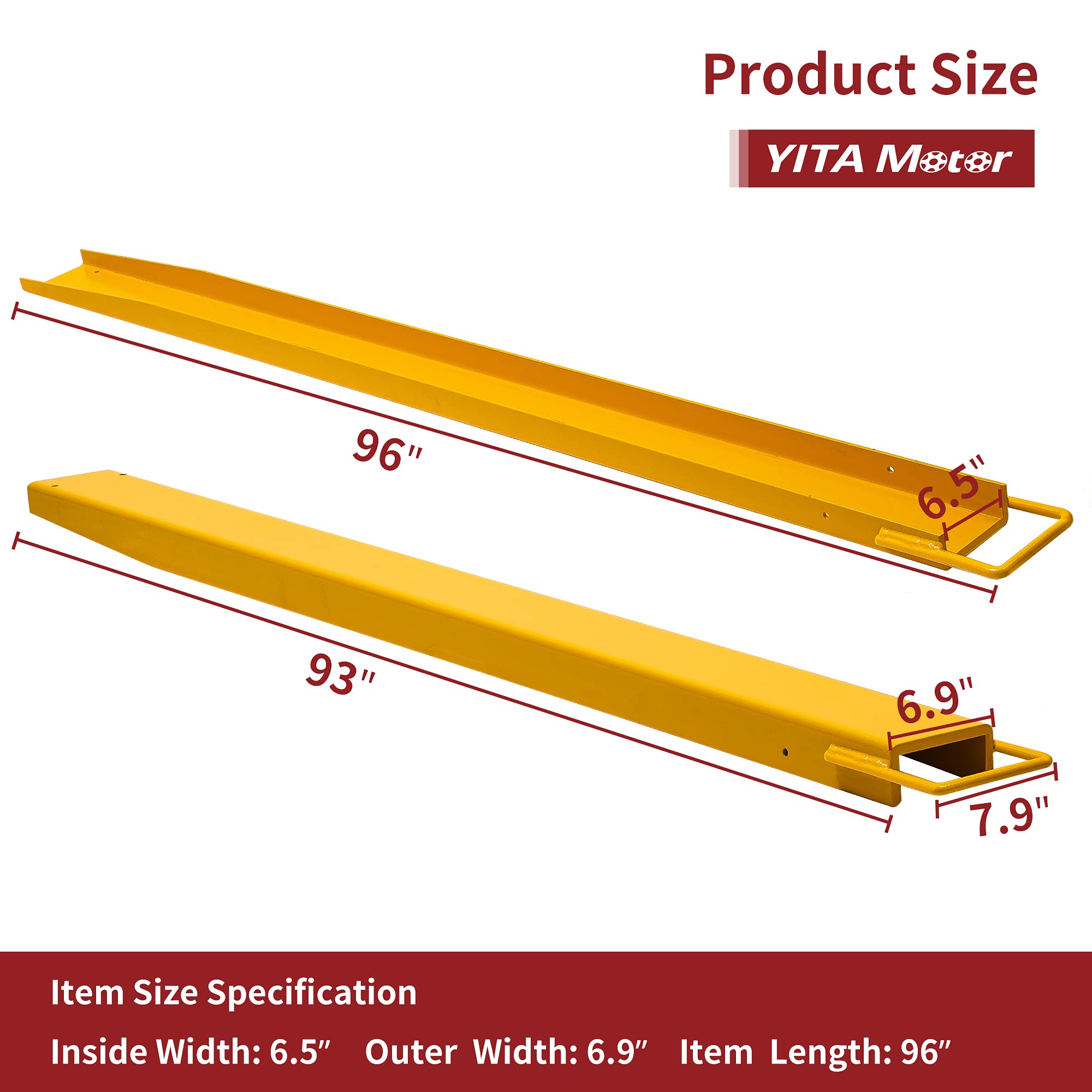 YITAMOTOR Pallet Fork Extension 96 Inch Length 6.5 Inch Width, Heavy Duty Steel Pallet Extensions for Forklift Truck, Yellow