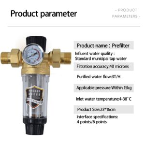 Reusable Spin Down Sediment Water Filter,Copper Pre - Filter with Meter Whole House Front Water Purifier Household - Backwash, Tap Water Stainless Steel Mesh 40 Micron Fine Filter