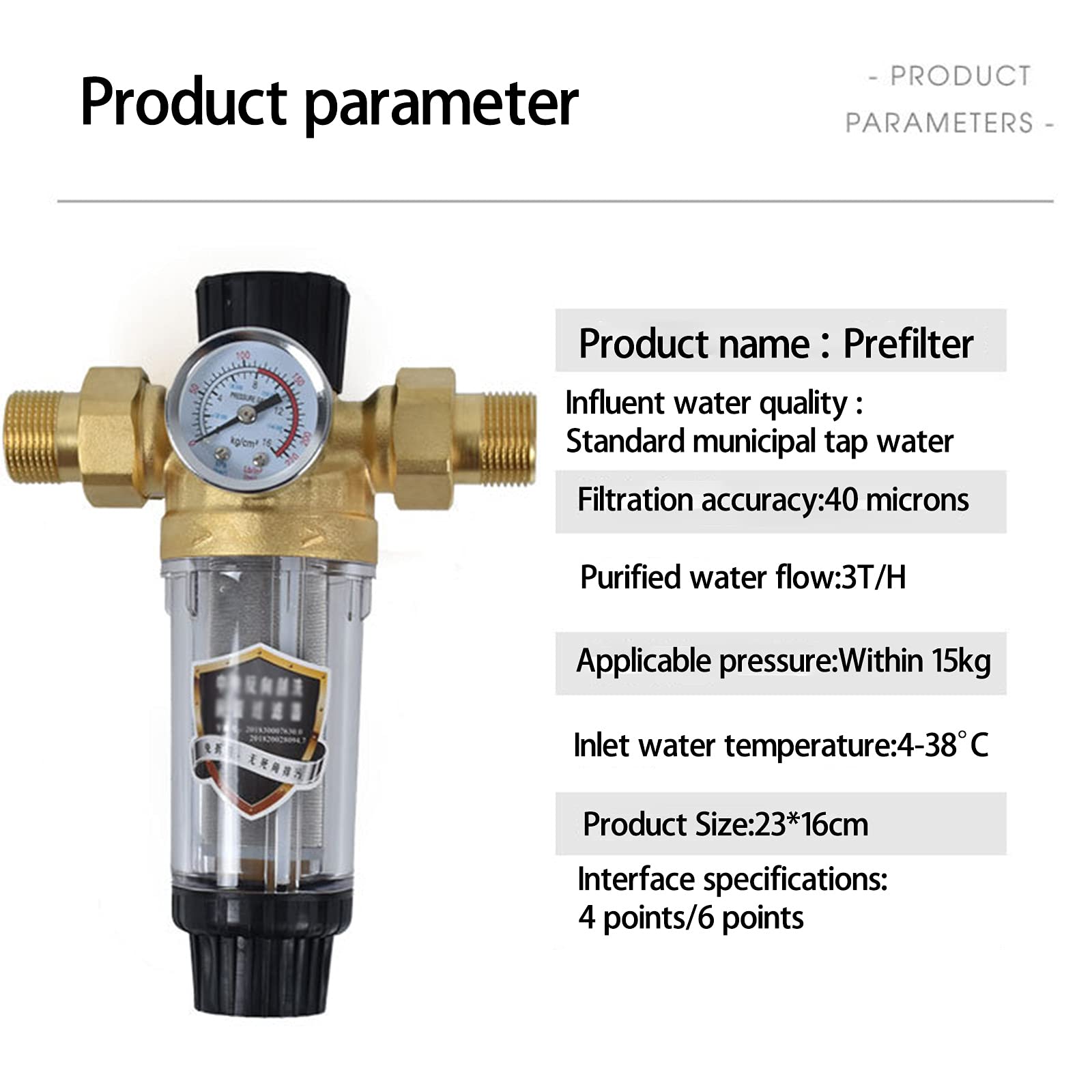 Reusable Spin Down Sediment Water Filter,Copper Pre - Filter with Meter Whole House Front Water Purifier Household - Backwash, Tap Water Stainless Steel Mesh 40 Micron Fine Filter