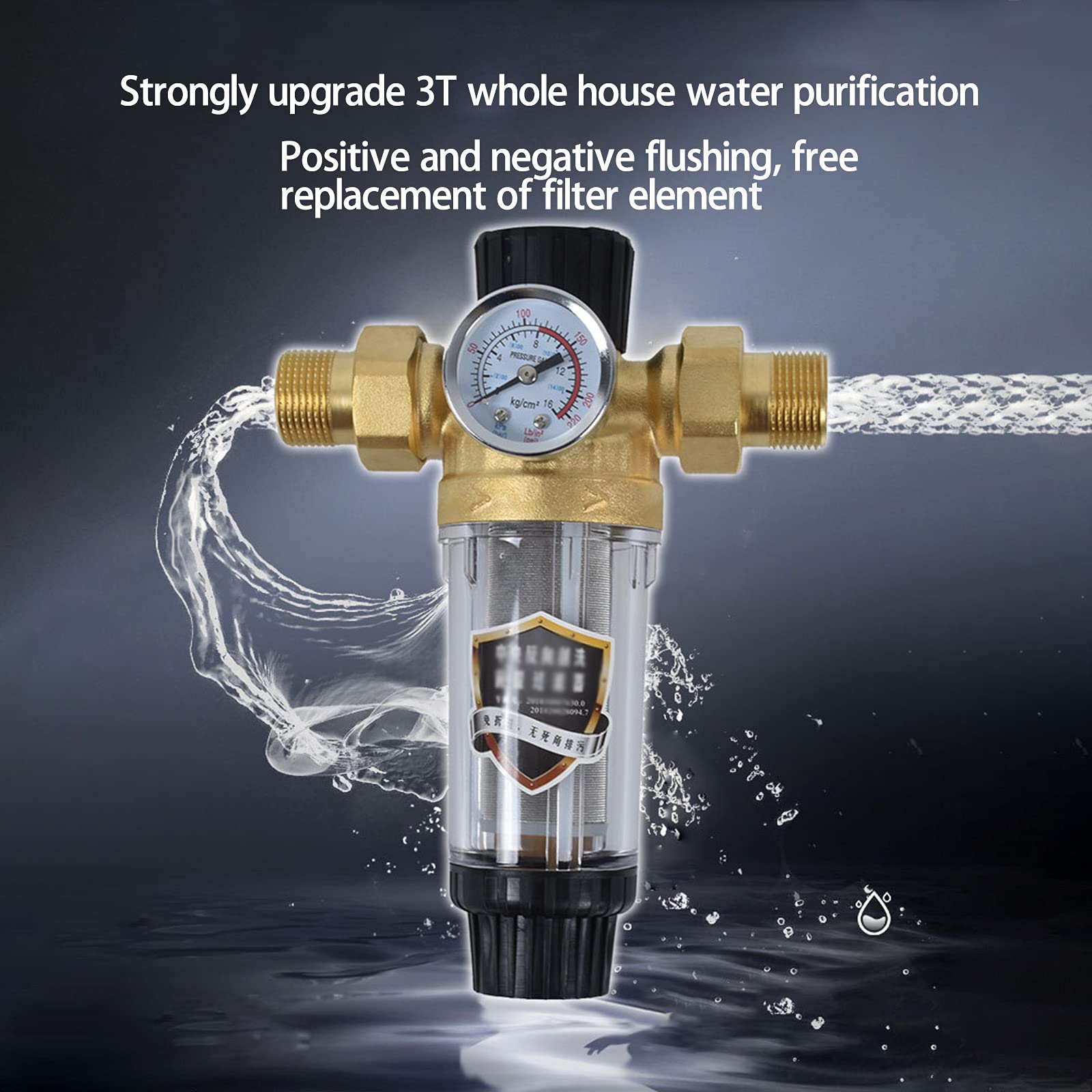 Reusable Spin Down Sediment Water Filter,Copper Pre - Filter with Meter Whole House Front Water Purifier Household - Backwash, Tap Water Stainless Steel Mesh 40 Micron Fine Filter