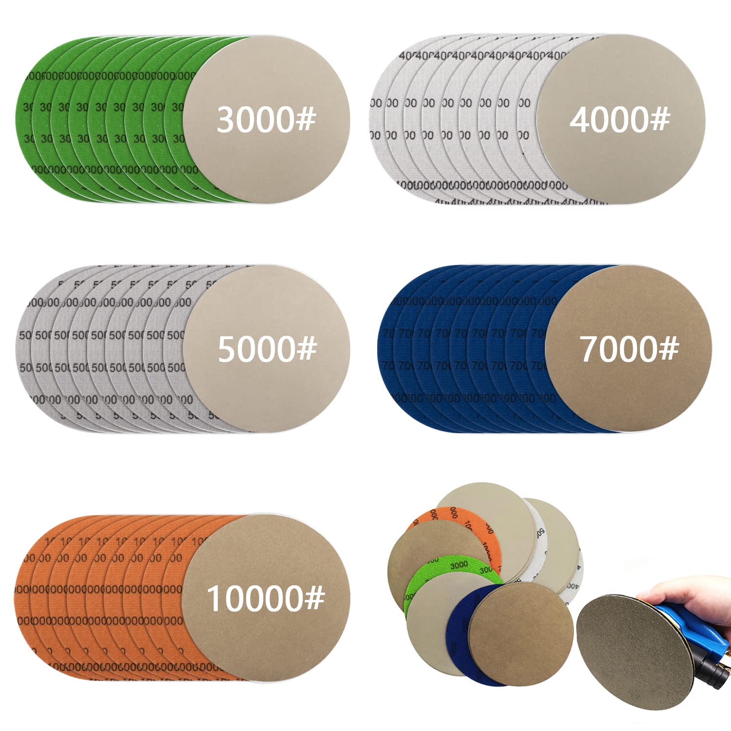 Sanding Disc Sandpaper, 5 Inch Hook & Loop Sandpaper, 3000 4000 5000 7000 10000 Grit Sandpaper,Round Silicon Carbide High Grit Wet Dry Sand Paper for Orbital Sander Auto, Wood or Metal Polishing