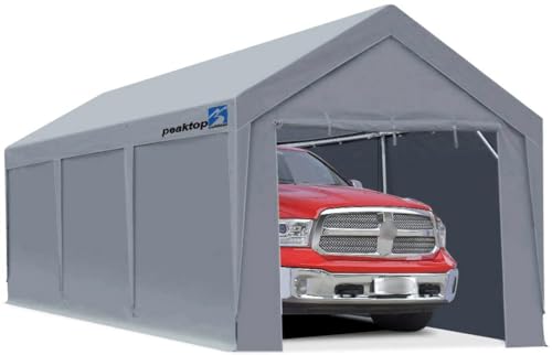 PEAKTOP OUTDOOR 10x20 ft Upgraded Heavy Duty Carport Car Canopy with Removable Sidewalls & Zipper Doors, Portable Garage Tent Boat Shelter with Reinforced Triangular Beams, Gray