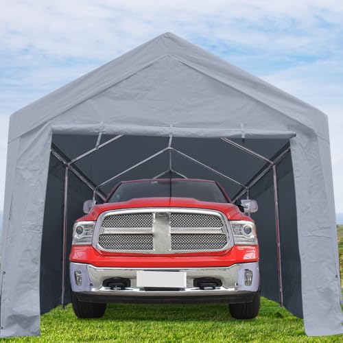 PEAKTOP OUTDOOR 10x20 ft Upgraded Heavy Duty Carport Car Canopy with Removable Sidewalls & Zipper Doors, Portable Garage Tent Boat Shelter with Reinforced Triangular Beams, Gray