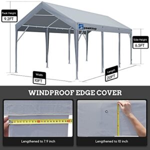 PEAKTOP OUTDOOR 10x20 ft Upgraded Heavy Duty Carport Car Canopy with Removable Sidewalls & Zipper Doors, Portable Garage Tent Boat Shelter with Reinforced Triangular Beams, Gray